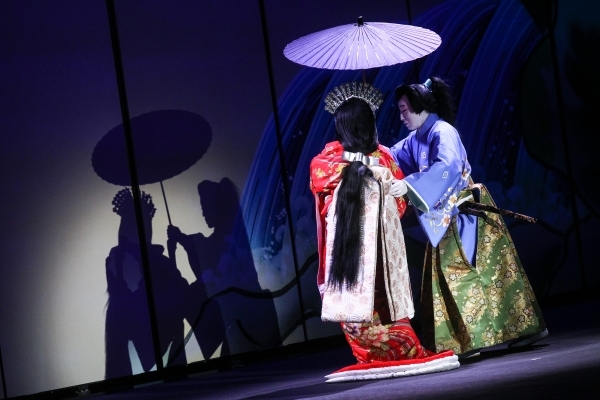 Nakamura Yonekichi, left, and Ichikawa Somegoro perform during an adapted version of the kabuki ...