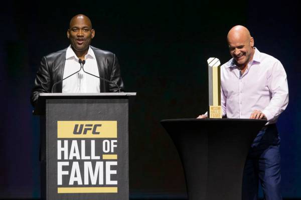 Maurice Smith, left, is inducted to the 2017 UFC Hall Of Fame after a ...