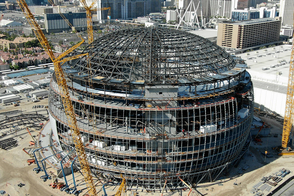 An aerial photo of the MSG Sphere at the Venetian as the structure ...