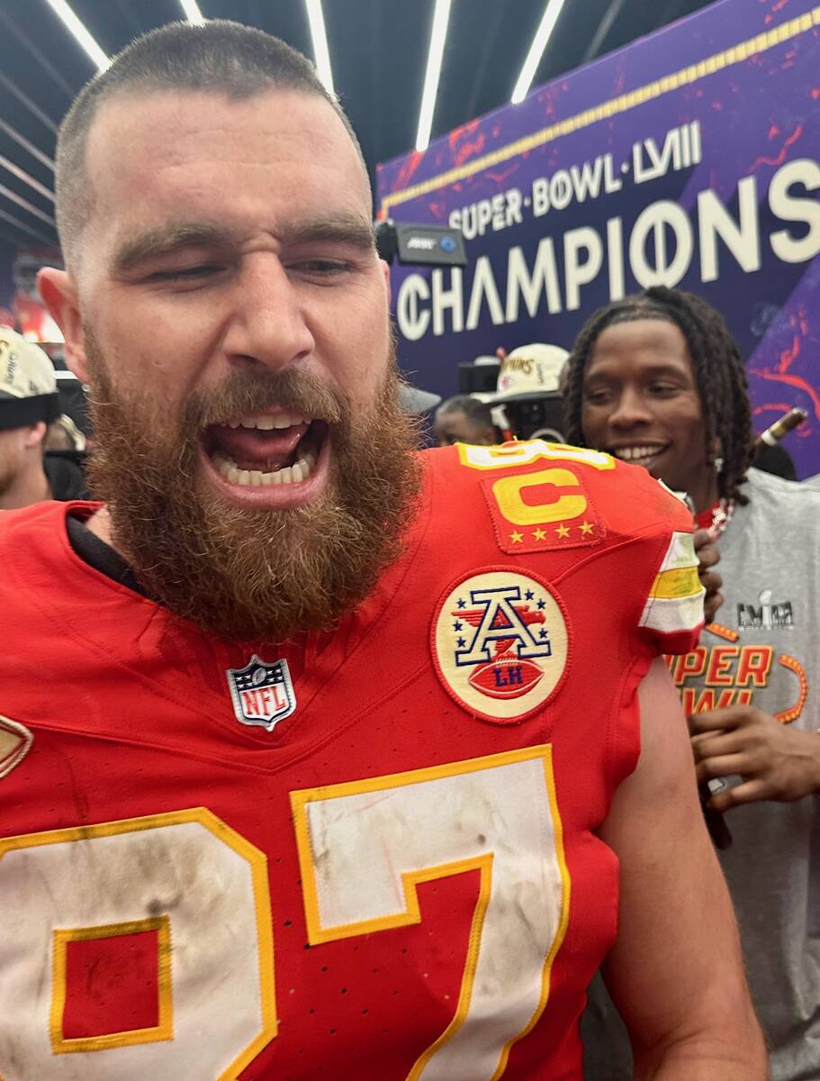 Travis Kelce leads Chiefs party in Raiders locker room after Super Bowl win | Super Bowl ...