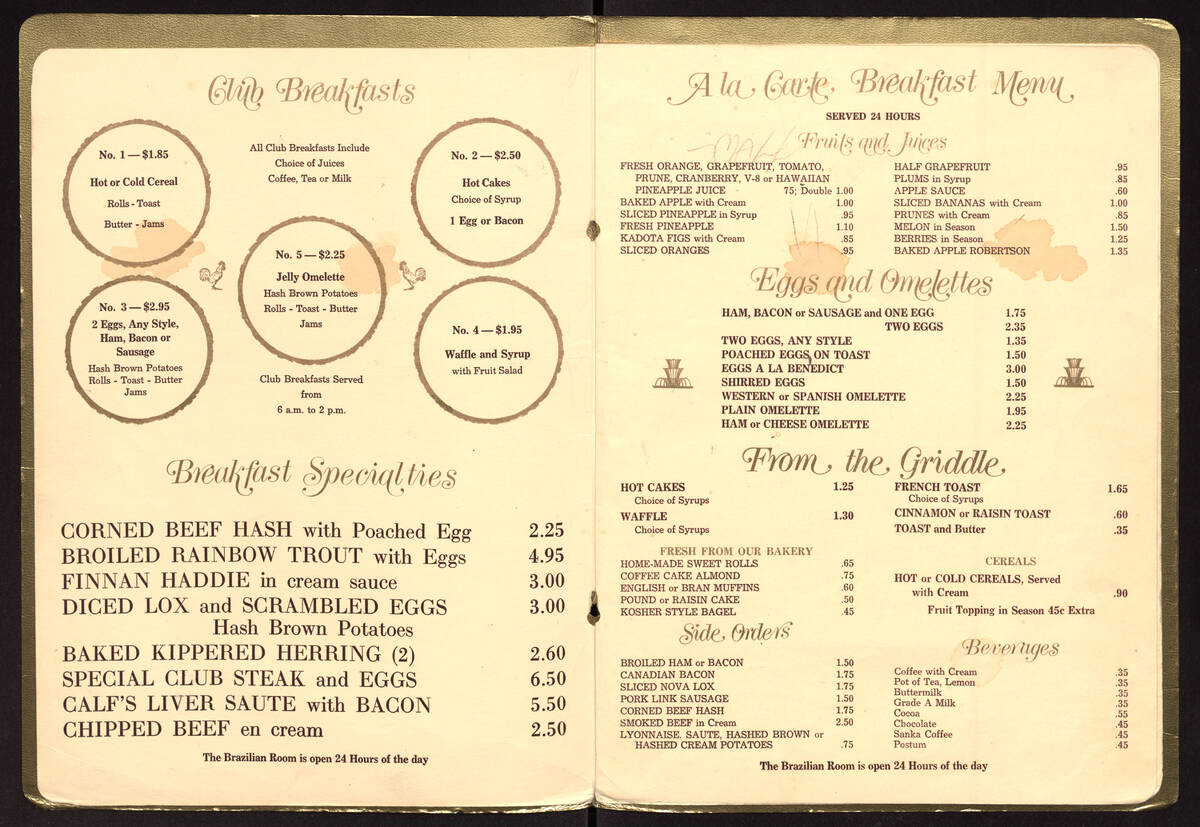 Tropicana Hotel and Country Club 1960s menu had entrees less than $10 ...
