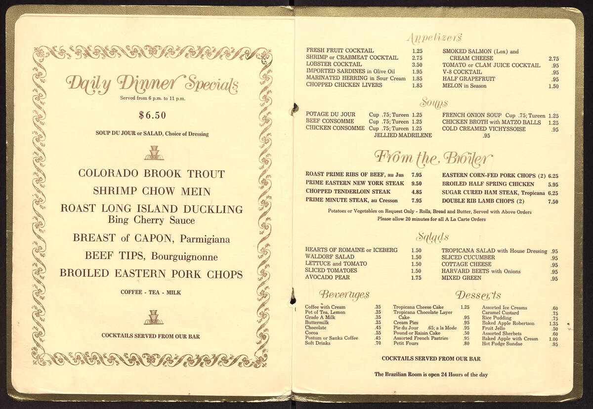 Tropicana Hotel and Country Club 1960s menu had entrees less than $10 ...