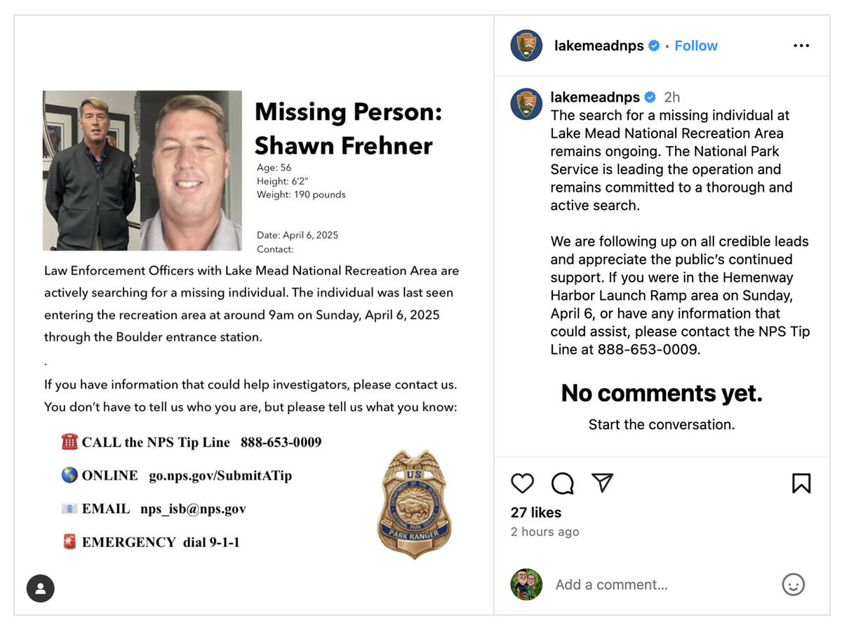 Lake Mead posts photos of missing Las Vegas veterinarian Shawn Frehner ...